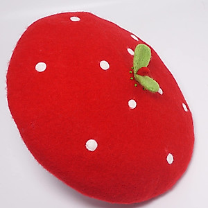 Handmade Kawaii Strawberry Beret Vintage Artist Painter Hat Women Wool Cap Warming Gift (red)