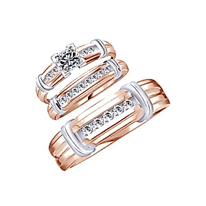 Jewel Zone US White Cubic Zirconia Engagement & Wedding Trio Band Ring Set in 10k Solid Gold (1 Cttw)