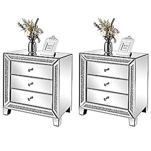 VINGLI Mirrored Nightstands Set of 2 Modern Bedside Table 3 Drawer Glass Side End Table Silver Dresser for Bedroom, 23”L x 13.8”W x 24.3”H