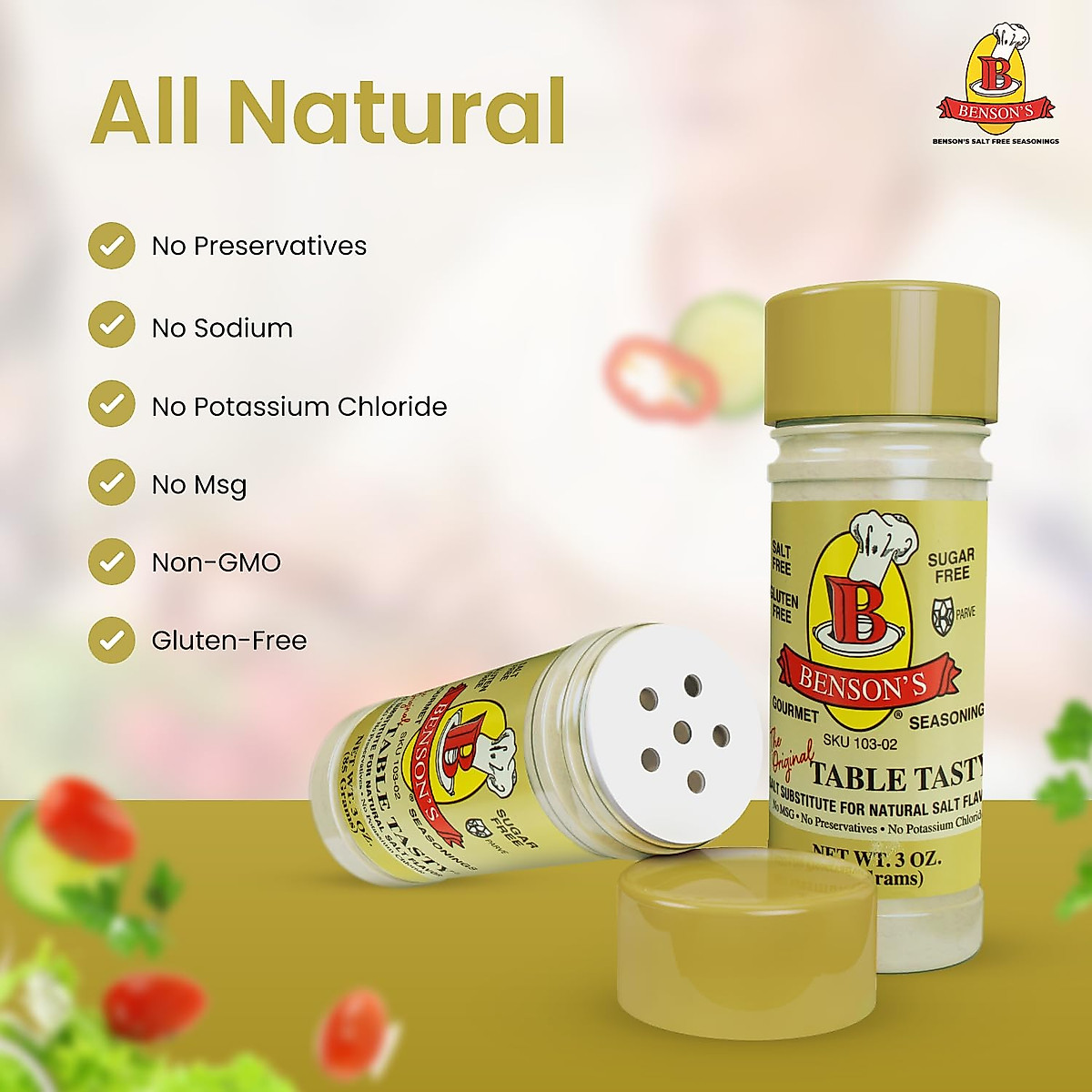 Benson’s - Table Tasty Salt Substitute, Salt-Free Gourmet Popcorn Seasoning, No Sodium, No Potassium Chloride, No MSG, Gluten Free, 3oz Bottle With Shaker Top