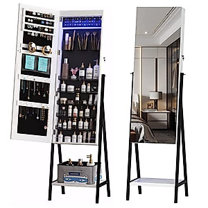 LVSOMT 6 LED Standing Jewelry Mirror Cabinet, Jewelry Armoire Storage Organizer, Full Length Mirror Floor Mirror with Jewelry Storage, Lockable Stand, Large Box, Iron Legs, Bottom Shelf, White