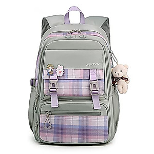 Aesthetic Backpack for School, Cute Girls Preppy Book Bag, Kawaii Large Capacity Middle School Plaid Backpack for Teenagers (Grey)