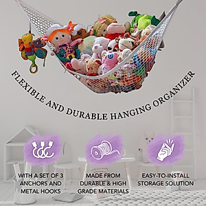 MiniOwls Toy Storage Hammock for any Room Corner. Strong and Sturdy Net for Stuffed toy Animals. Great to Keep Stuffies of the Kid's Bed. (White, X-large (Pack of 1))