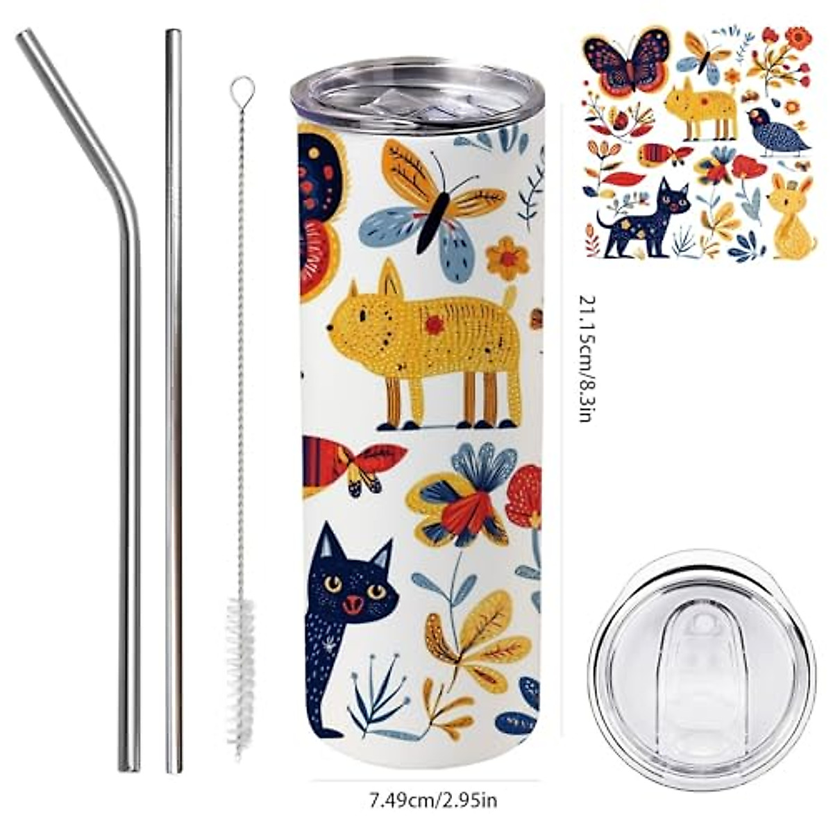 Tumbler with Lid and Straw Abstract Flora and Fauna Print thermos coffee travel mugcute cups 20 oz insulated tumbler for Daily Holiday Decor Gift coffee cup