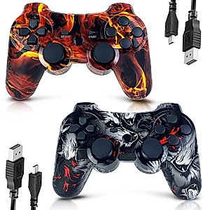 CHENGDAO Controller for PS3 2 Pack Wireless Controller for Playstation 3 Game Remote with Double Shock, Upgrade Joystick Control for PS3 Remote with Rechargeable Battery, 6-Axis & USB Charging Cable