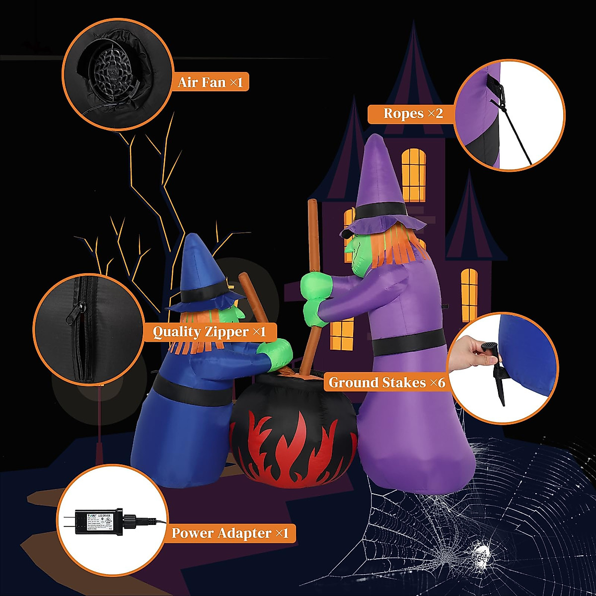 6FT Garden 5pcs LED String Lights Two Witches with Pots Inflatable Halloween Decoration for Holiday/Party/Yard/Garden