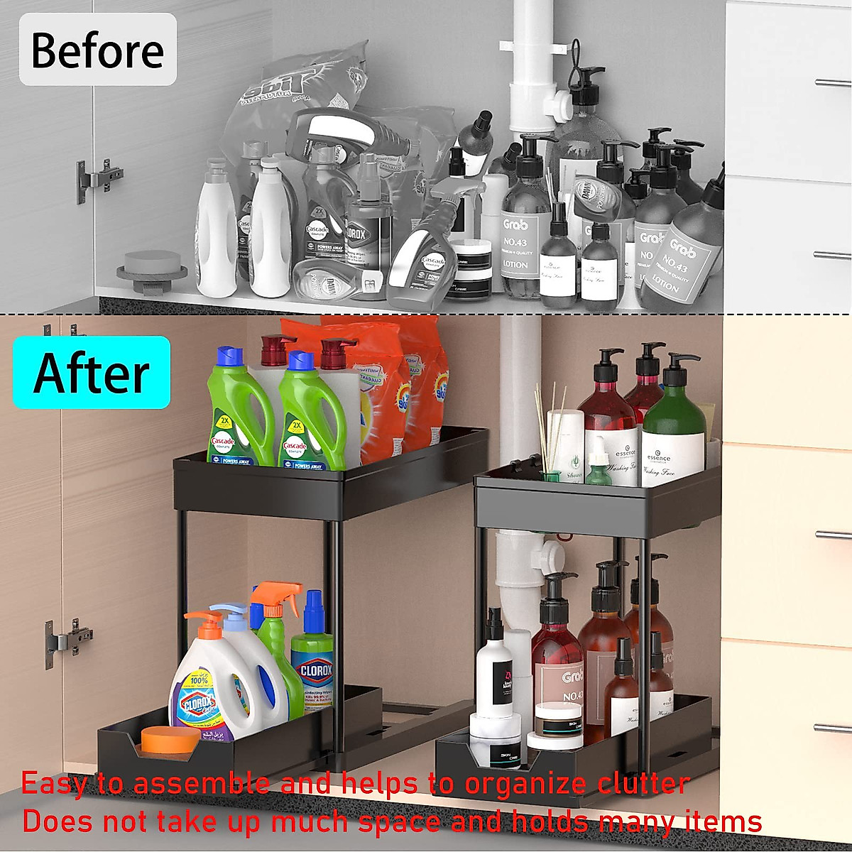 Under Sink Storage Rack Two Tier Pull Out Kitchen Under Sink Organizer and Storage Bathroom Under Sink Storage Rack 15.7 * 6.5 * 11.2 Inch Black Under Sink White Countertop (2 Pack) (white and white)