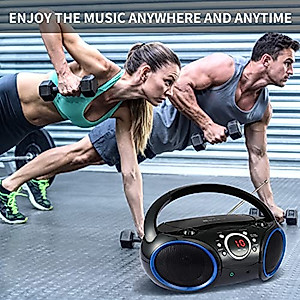 SINGING WOOD 030C Portable CD Player Boombox with AM FM Stereo Radio, Aux Line in, Headphone Jack, Supported AC or Battery Powered (Black with a Touch of Blue Rims)