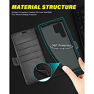 TUCCH Wallet Case for Galaxy S23 Ultra 5G, [TPU Shockproof Interior Case] Kickstand [RFID Blocking] Card Slot, Magnetic PU Leather Folio Cover Compatible with Galaxy S23 Ultra 5G 6.8-Inch 2023, Black