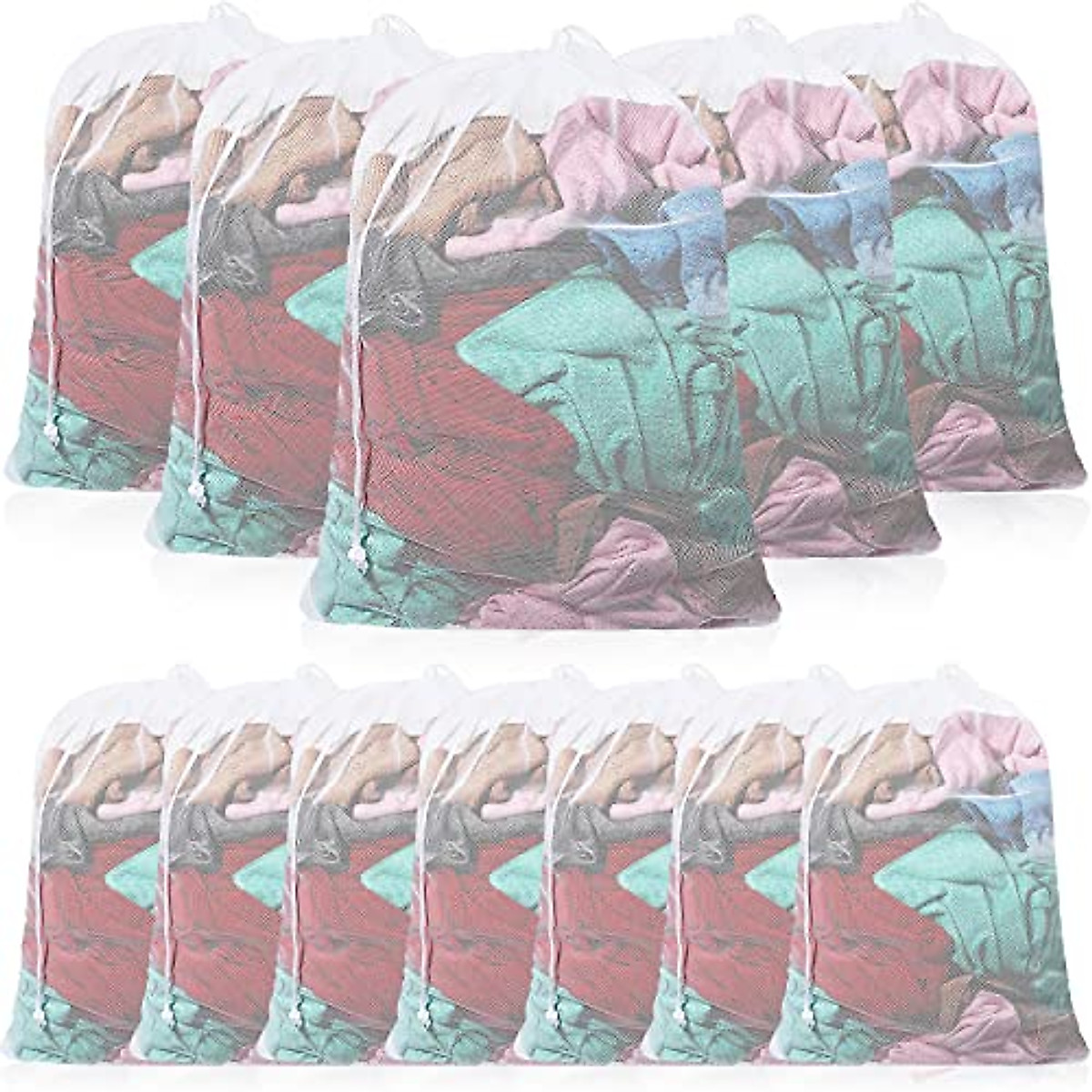 Xinnun 12 Pack Mesh Laundry Bag Drawstring Heavy Duty Bag Bulk, 24 x 36 Inches Durable Machine Washable Storage Bag for Factories, College, Dorm and Apartment Dwellers, White