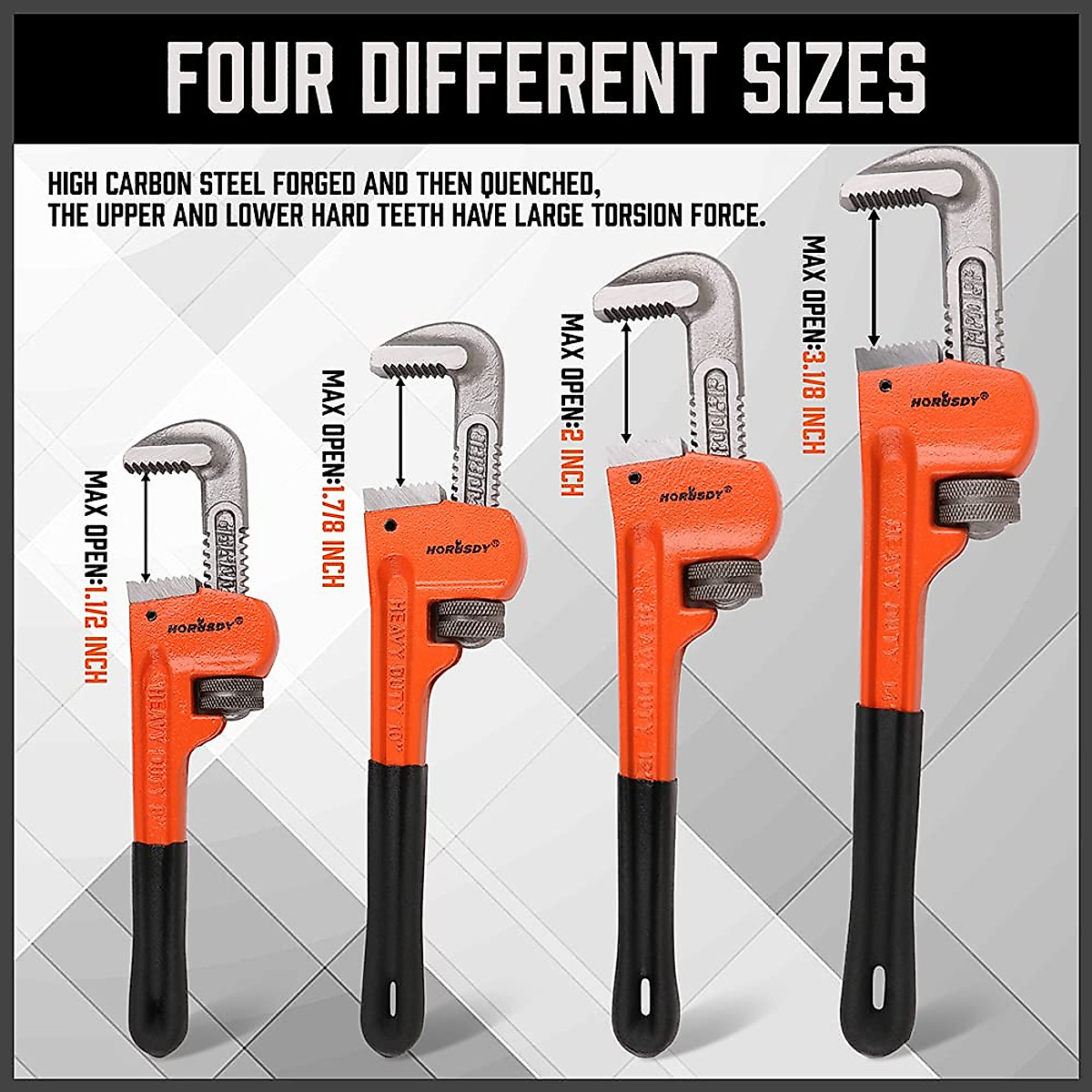 HORUSDY 4 Pack Heavy Duty Pipe Wrench Set, Adjustable 8" 10" 12" 14" Soft Grip Plumbing Wrench Set with Storage Bag