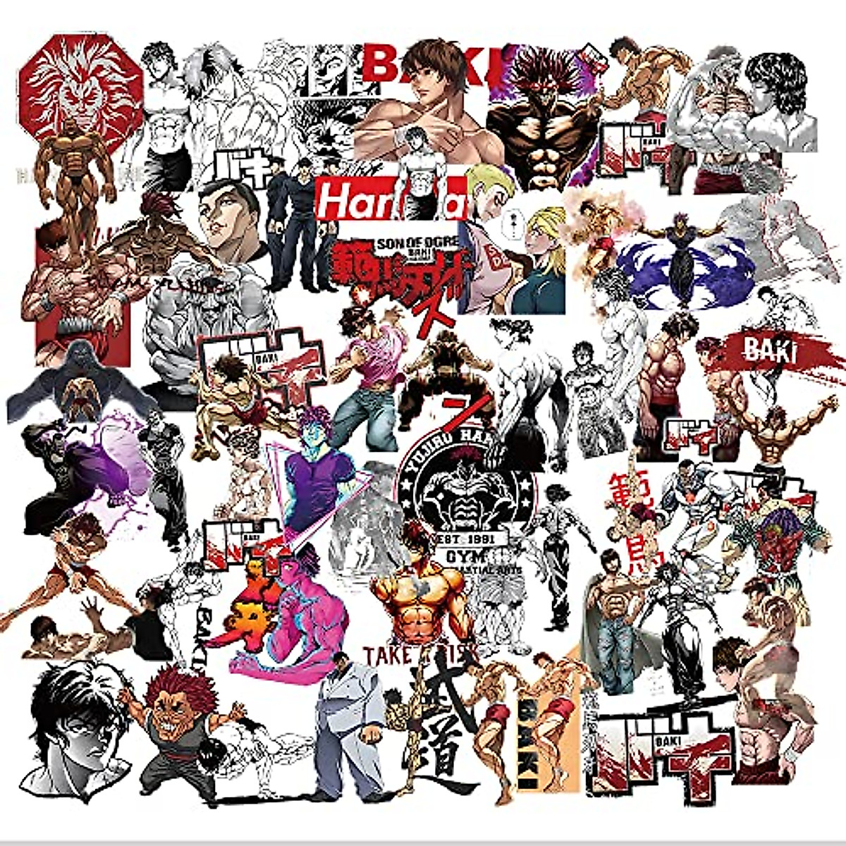 Baki Stickers 63Pcs Japanese Classic Fighting Grappler Animation Baki Stickers Vinyl Waterproof Stickers for Water Bottles Laptops Computers Phone Cases Guitars Decoration
