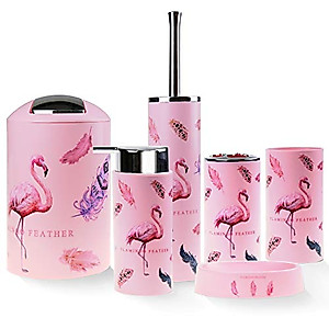 Newthinking Bathroom Accessories Set, Bathroom Set with Trash Can, Include Soap Dish and Soap Dispenser, Toothbrush Holder Set and Toilet Brush and Holders, Pink Flamingo