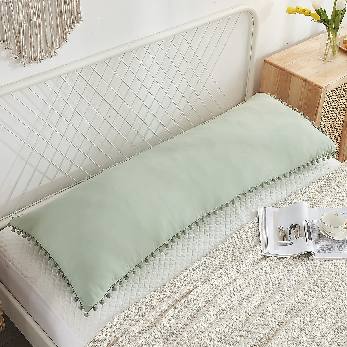 MOVE OVER Sage Green Body Pillow Cover 20x54 Inches Cute Pom Poms Decorated Body Pillow Cover Soft Washed Microfiber Boho Body Pillow Cover with Pocket Closure, Pack of 1