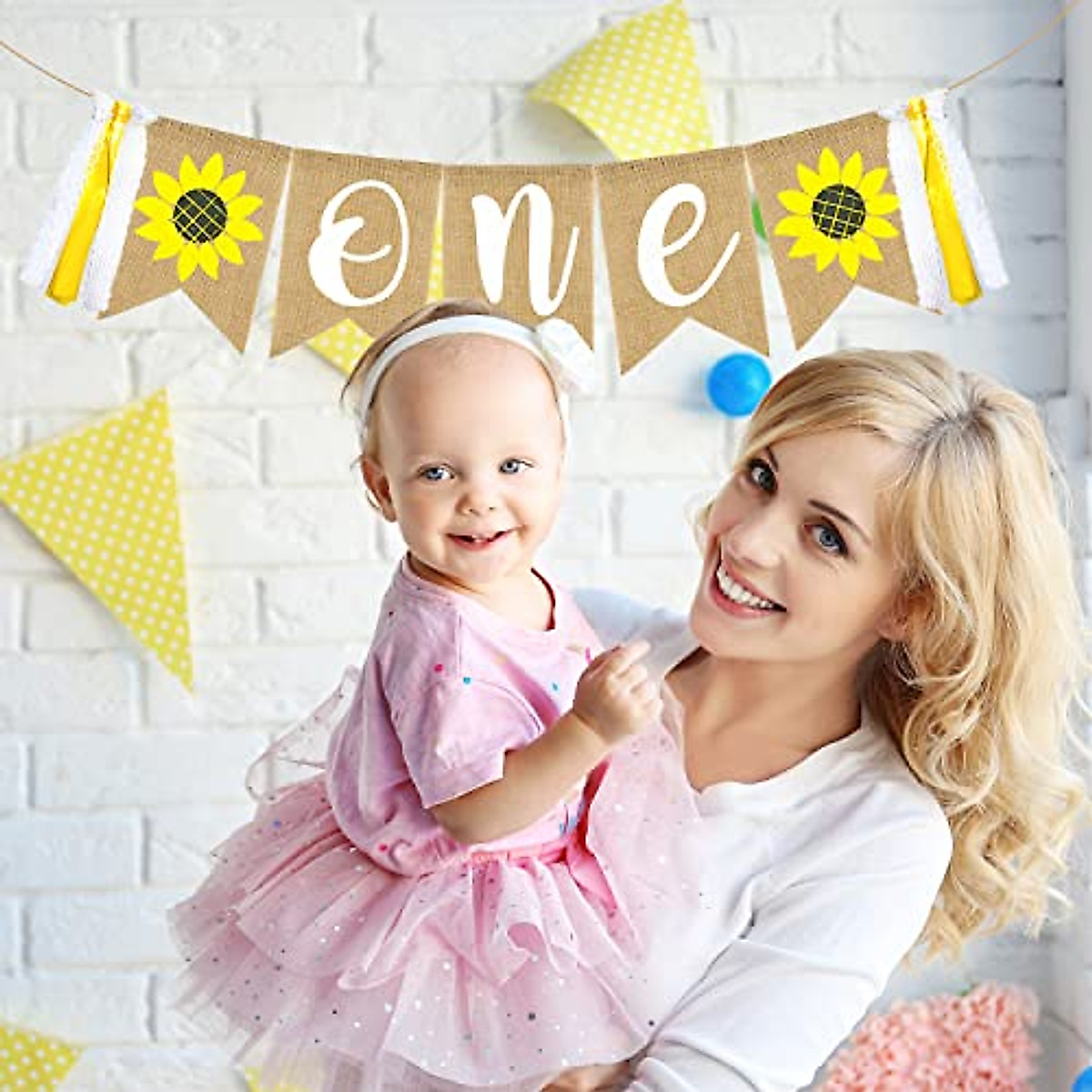 Doumeny Jute Burlap One Banner with Sunflower One HighChair Banner Boy Girl 1st/First Birthday Bunting Banner Baby Shower Party Banner Sunflower Tassel Ribbon Garland Banner for Party Photo Prop Decor