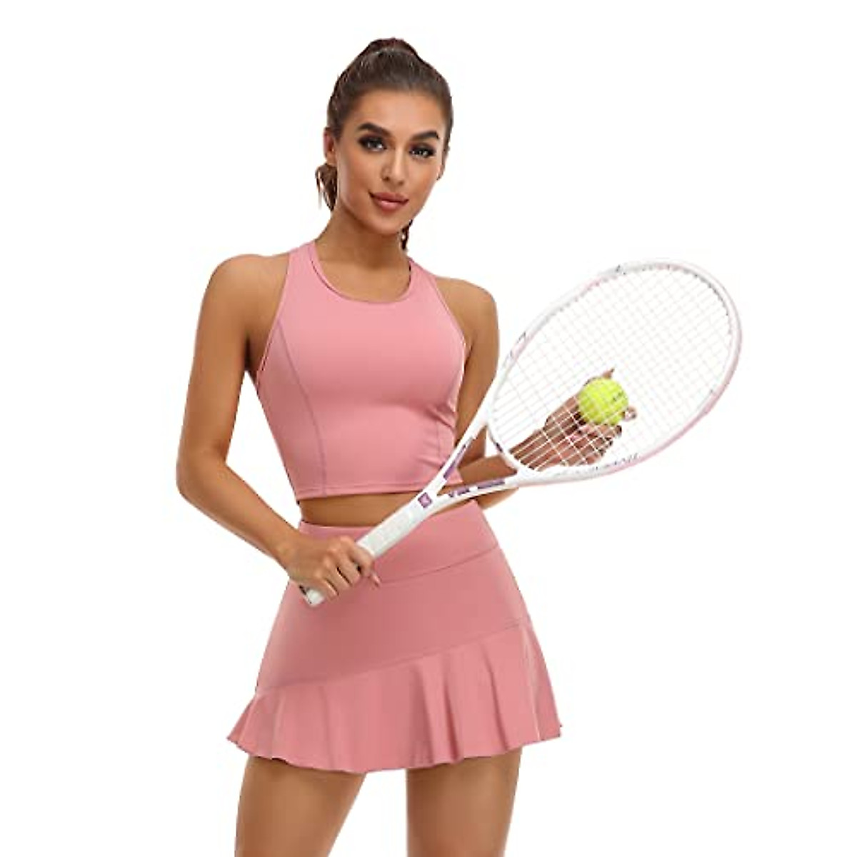 ATTRACO Womens Tennis Skirts Sets Racerback Tank Top Golf Skorts with 2 Pockets Outfits Pink