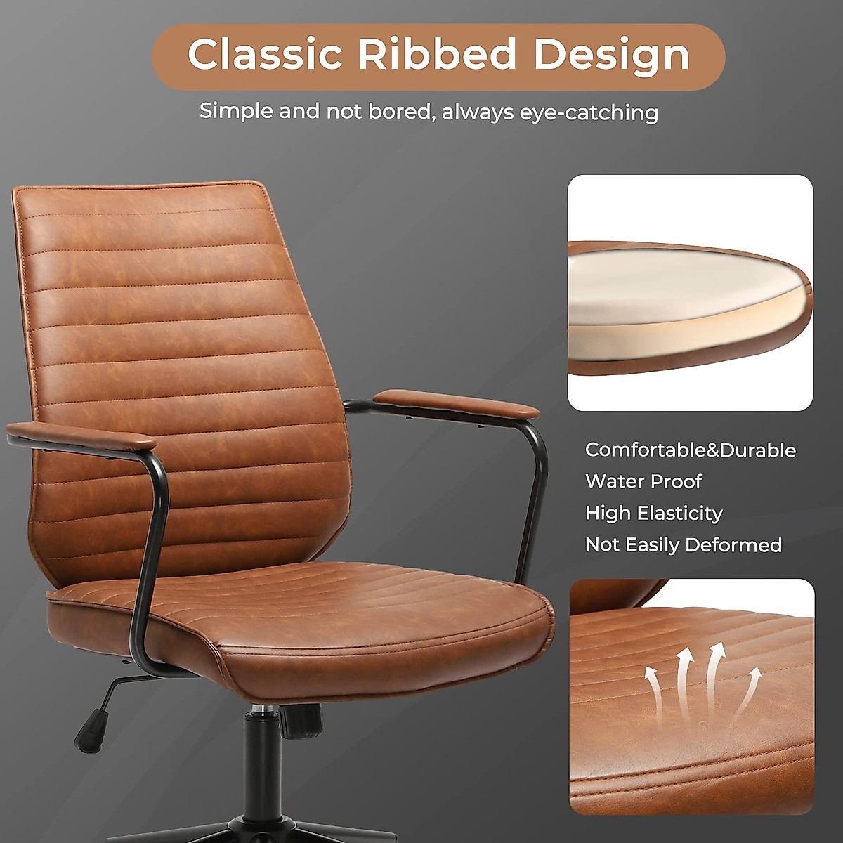 Brown Leather Office Chair, Ergonomic Mid-Back Executive Conference Task Chair, Ribbed Height Adjustable Swivel Rolling Chair for Home Office (Brown)