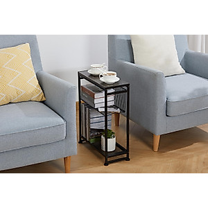 Small Side Table for Small Spaces - Slim End Table with Magazine Holder - 2 in 1 Design Narrow End Table Living Room - Skinny Bedside Table Nightstand Bedroom Thin Side Table (Grey)