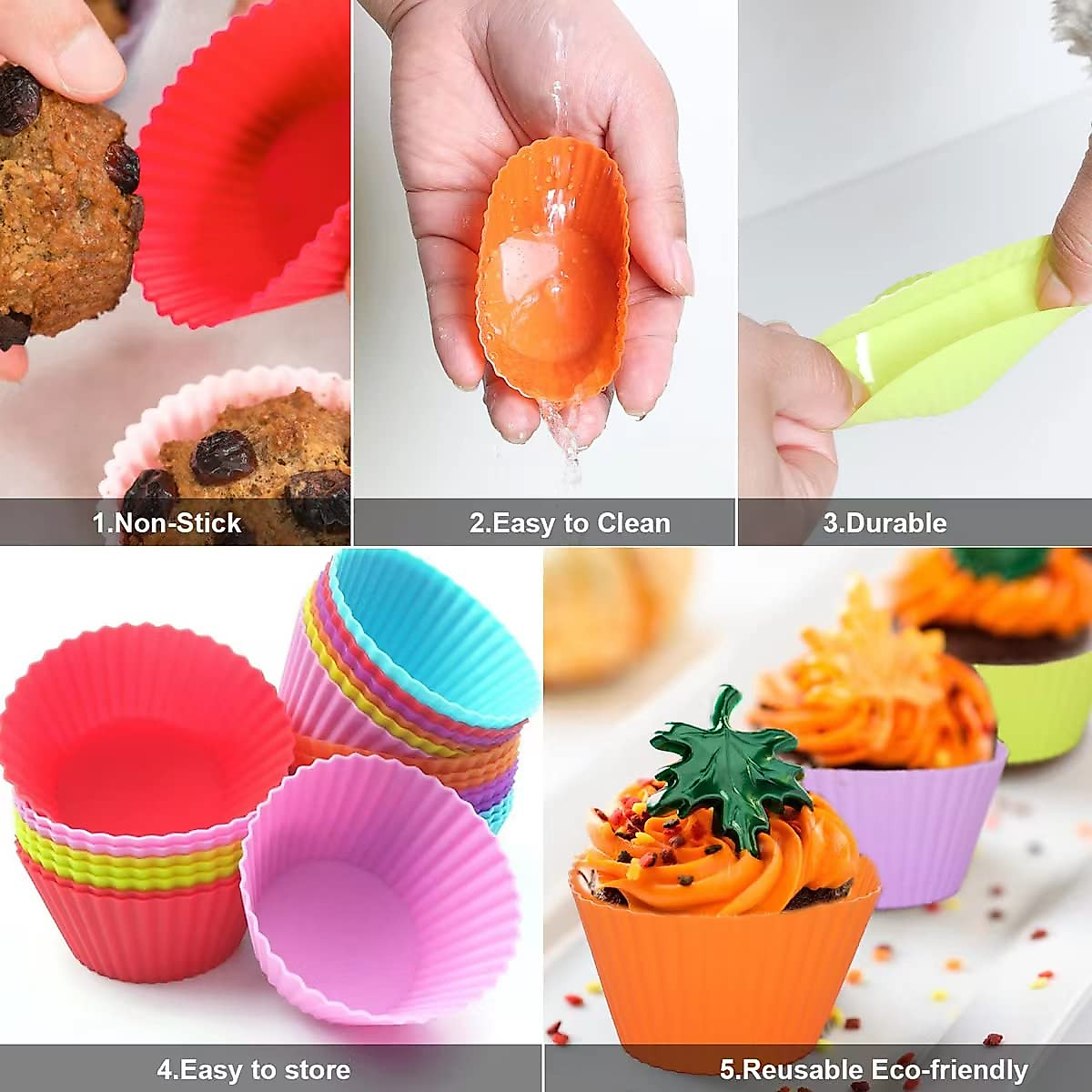 Reusable Silicone Cupcake Baking Cups 24 Pack, Non-stick Muffin Cupcake Liners 2.75 inch Silicone Muffin Cups for Party Halloween Christmas Bakery Molds Supplies (6 Rainbow Colors)