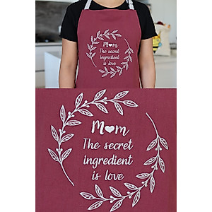 Mom Apron Set with Matching Dish Towels - Gift for Mom Wife Grandma for Cooking Baking – Mommy Apron - Kitchen Aprons for Mom Women Grandma – Cooking Aprons for Women – Cotton Linen Embroidered Apron