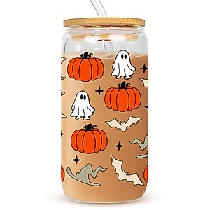 Halloween Cups - Halloween Gifts for Women - 16oz Ghost Bat Pumpkin Coffee Mug - Fall Tumbler with Lid and Straw - Spooky Drinking Glass for Her - Goth Halloween Party Favors