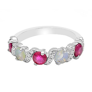 Natural 4 MM Ruby & Ethiopian Cut Opal Gemstone Ring 925 Sterling Silver July Birthstone Cluster Ring Opal Jewelry Birthday Gift For Wife (Sterling Silver, 8.5 US)