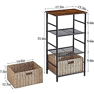 VECELO Tall End/Side Table with 2 Wicker Basket Storage Shelf Telephone Stand for Living Room, Bathroom, Bedroom, Office, Entryway, Easy Assembly, 3-Tier, Brown