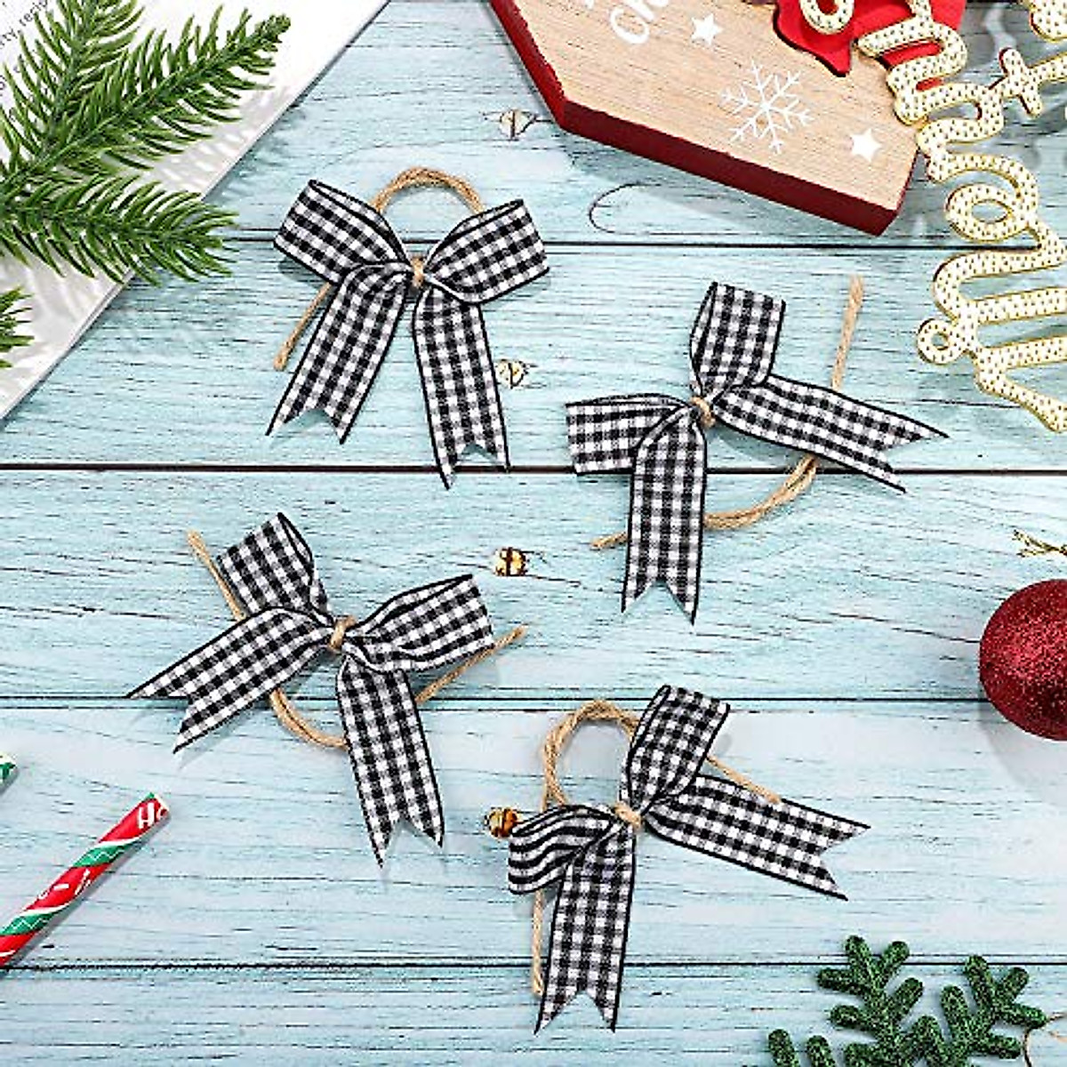 24 Pieces Black and White Plaid Bows Small Buffalo Plaid Decorative Bows for Christmas Tree Farmhouse Decoration Package Supply
