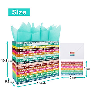 13" Large Gift Bag Set with Greeting Card and Tissue Papers (Colorful Stripes and Happy Birthday) for Women's or Men's, Boys, Girls, Baby Shower