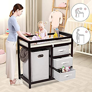 Baby Changing Table - Changing Station with Laundry Hamper, 3 Storage Baskets, and Pad, Multi Storage Nursery Changing Table for Infants or Babies (Dark Brown)