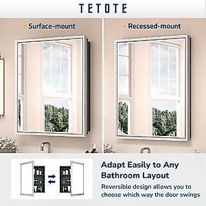 TETOTE Medicine Cabinet with Mirror 17 x 25 Inch Brushed Silver for Bathroom Aluminum Framed Surface or Recessed Wall-Mounted Medicine Cabinets Beveled Mirror with Storage 1 Door Modern Farmhouse