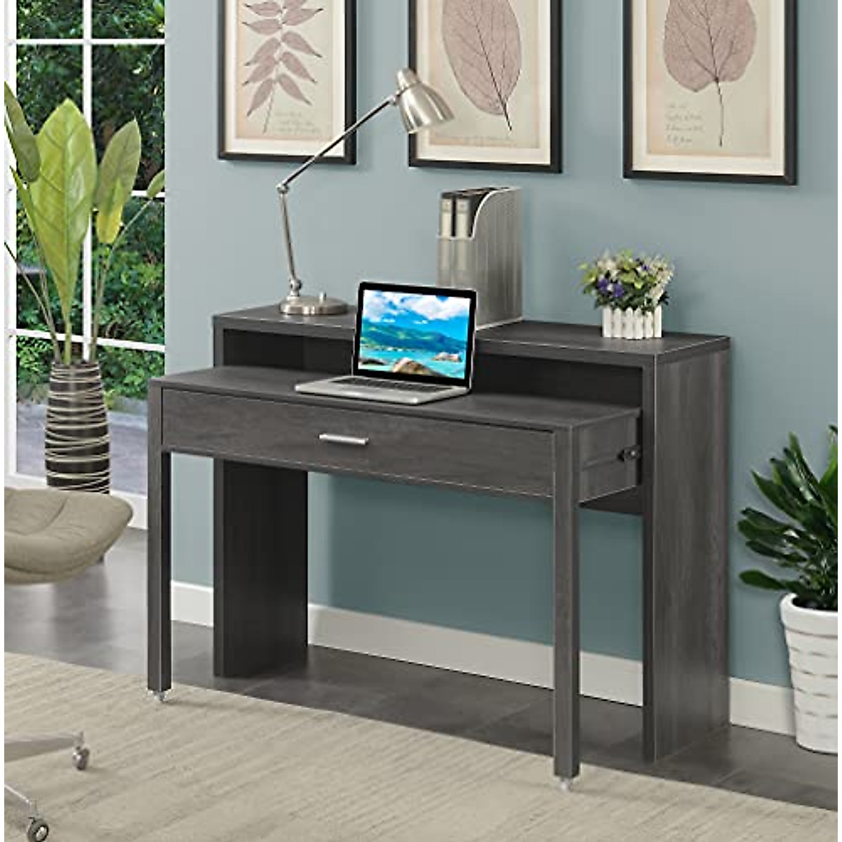 Convenience Concepts Newport JB Console/Sliding Desk with Drawer and Riser, Charcoal Gray