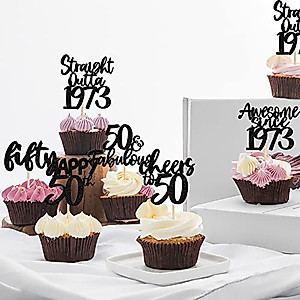 24 PCS Happy 50th Birthday Cupcake Toppers Glitter Fifty Cheers to 50 Straight Outta 1973 Cupcake Picks 50 Fabulous Awesome Since 1973 Cake Decorations 50th Birthday Anniversary Party Supplies Black