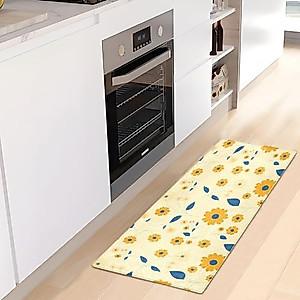 Fluffy Floor Carpet-Yellow Flower Blue Leaves,39x20in Front Door Mat Indoor Machine Washable Carpet,Aesthetic Rug