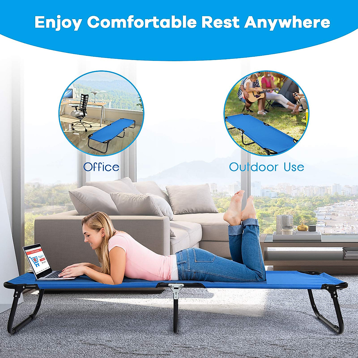 GYMAX Camping Cot, 330 LBS Folding Cot for Sleeping, Easy Set Up Cot Bed for Adults, Indoor &Outdoor Travel Adventure Picnic Hiking Cot for Patio Yard Home Office (Blue)