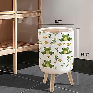 Small Trash Can with Lid Cute frogs nature seamless pattern Funny green frog character pattern 1.8 Gallon/7L Garbage Can Waste Bin with Pop-Up Lid Wood Legs Wastebasket for Bathroom Kitchen Bedroom
