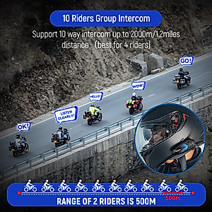 LEXIN GTX Motorcycle Bluetooth Headset, 10 Riders Helmet Communication System, Group Intercom w/Audio Multitasking/Loud Speakers/IP67 Waterproof/Hands-Free Call/USB-C Charge/5 Shells, Single Pack