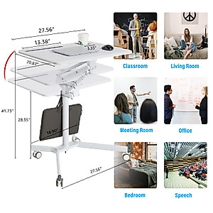 Mobile Sit Stand Desk - Height Adjustable Standing Laptop Desk Cart Rolling Couch Table on Wheels White Workstation with Gas Spring Riser for Home Office Classroom
