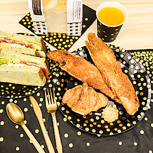350 Pieces Gold Disposable Party Dinnerware Set &Golden Dot Disposable Party Dinnerware - Black Paper Plates Napkins Cups, Gold Plastic Forks Knives Spoons