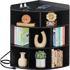 VECELO Corner Storage Cabinet with Charging Station, 3-Tier Cube Shelf Organizers with USB Ports and Outlets, Triangle Corner Bookcases with 8 Cubbies for Bedroom, Living Room, Playroom Office, Black