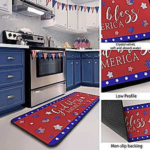 Protikol Fourth of July Kitchen Rugs Set 2 Pieces Independence Day Non Skid Kitchen Floor Rug and Mat Red Blue Kitchen Runner Rug Mat for Indoor Home Kitchen Decor 17"x47"+17"x30"