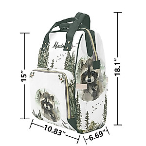 Woodland Forest Raccoon Diaper Bag Backpack with Name for Men Women Custom Personalized Nursing Baby Bags Shoulders Travel Bag Daypack