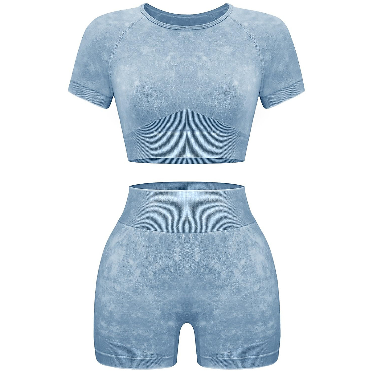 OLCHEE Womens Workout Sets 2 Piece - Seamless Acid Wash Yoga Outfits Leggings Shorts and Crop Top Matching Gym Activewear Athletic Clothing Set - Blue Small