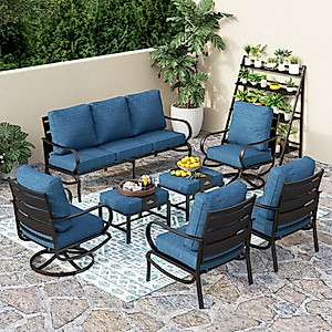 PHI VILLA 7 PCS Patio Furniture Set,Metal Outdoor Furniture with 1x 3 Seater Cushioned Deep Seating Bench Sofa, 2 Swivel Sofa Chair, 2 x Leg Sofa Chairs & 2 Ottoman for 7 Person, Peacock Blue