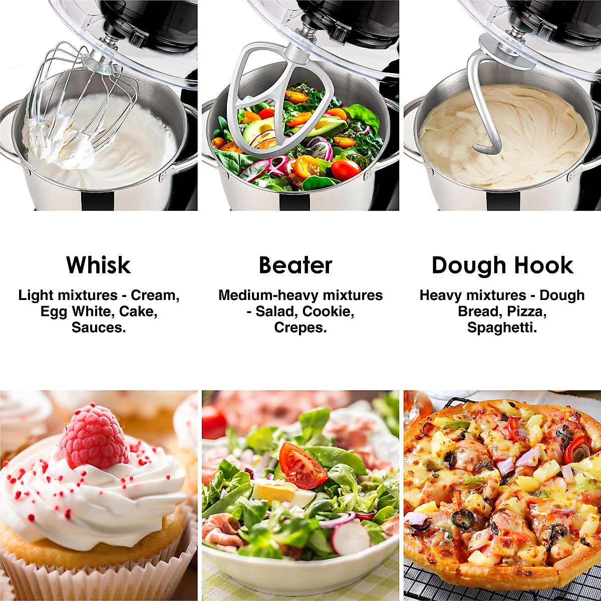 Kitchen in the box Stand Mixer, 4.5QT+5QT Two bowls Electric Food Mixer, 10 Speeds 3-IN-1 Kitchen Mixer for Daily Use with Egg Whisk,Dough Hook,Flat Beater (Black)