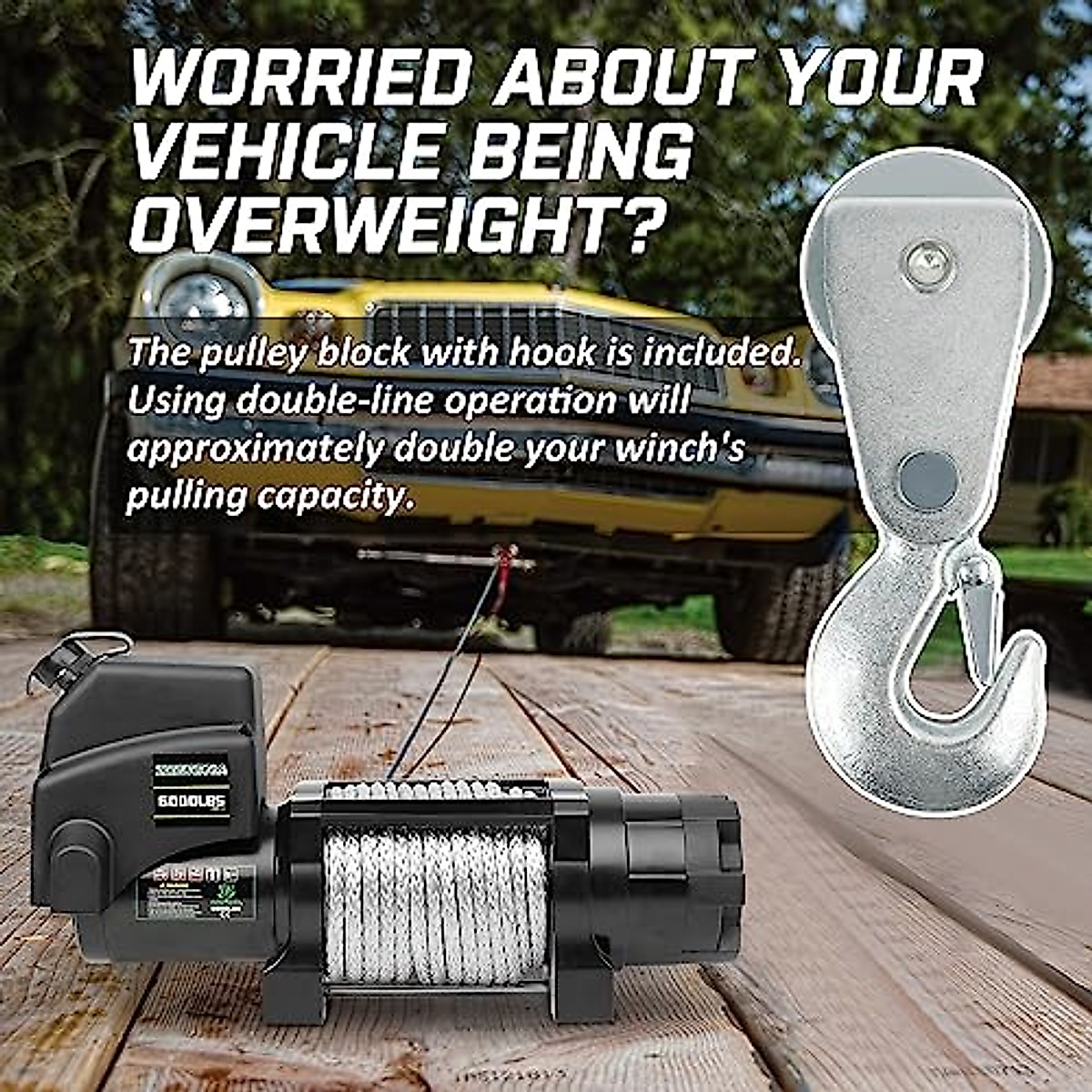 Zostera Electric Winch 12v 6000lbs Boat Trailer Winch with Remote Synthetic Rope 1/4 in x 55 ft Hook Wireless Remote Handlebar Switch, Automatic Braking, Waterproof, for ATV UTV Powersports Off Road