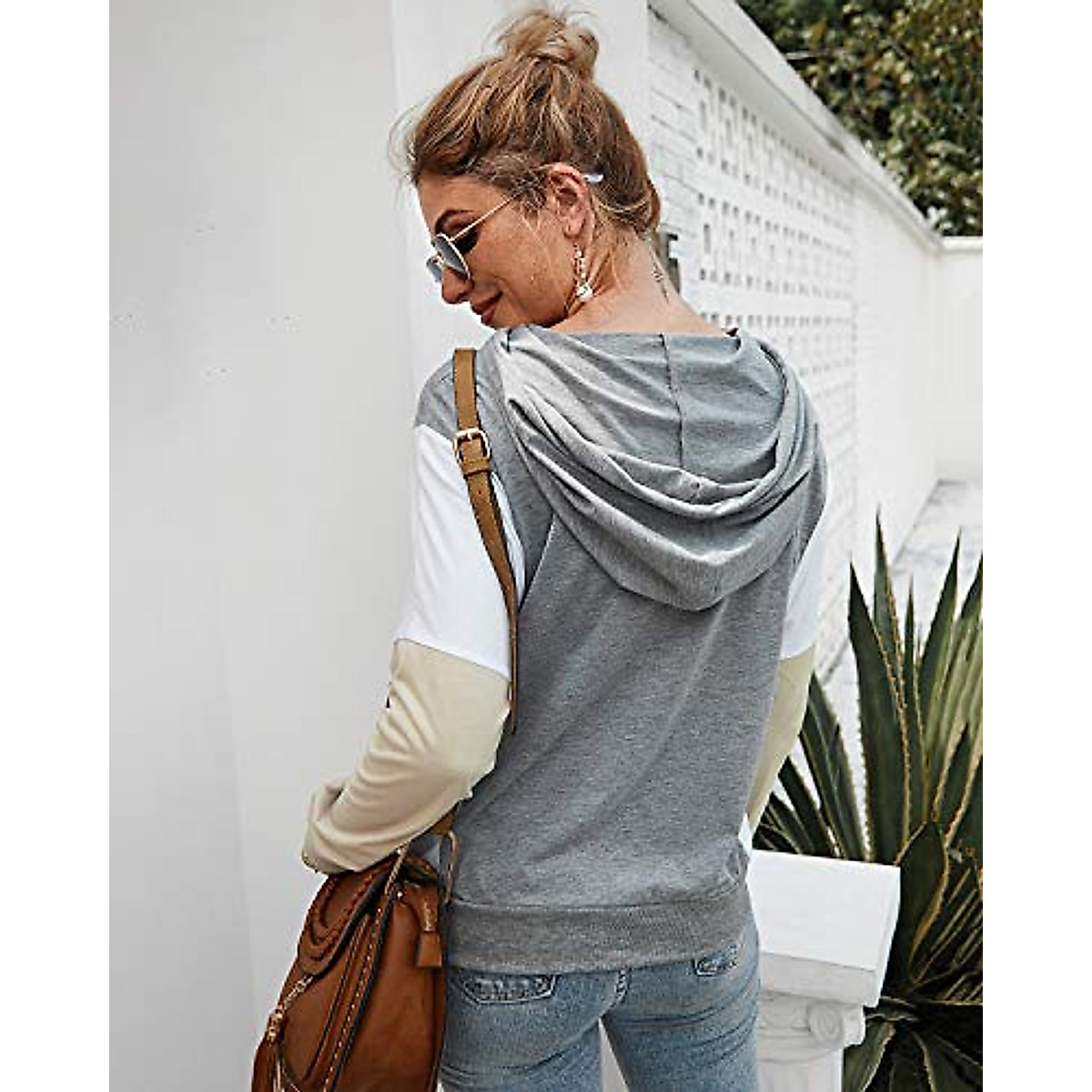 Women's Active Sweatshirt Hoodie,Long Sleeve Block Color Drawstring Pullover Tops with Pockets Gray