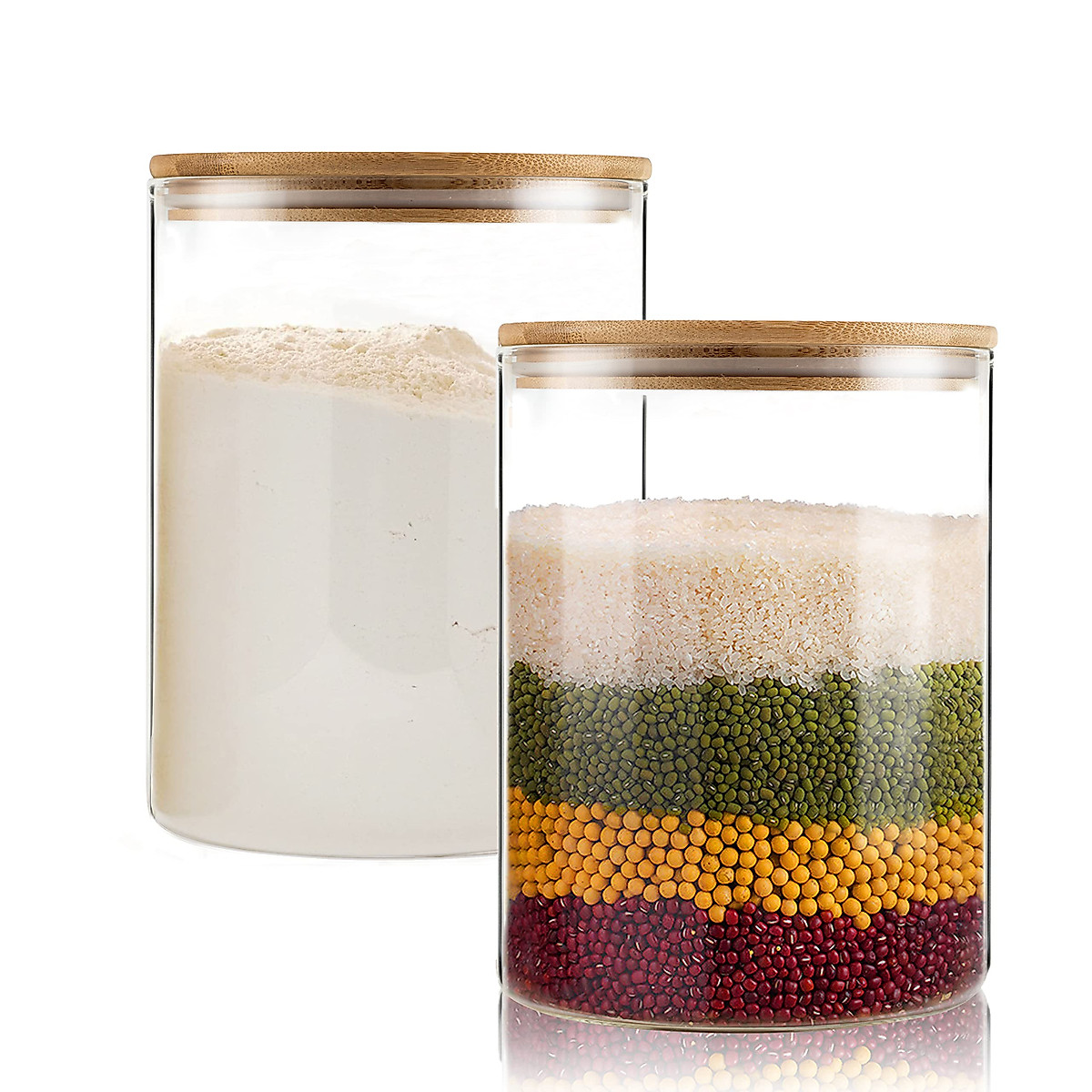 Glass Food Storage Jars Set of 5,Glass Storage Containers Clear Glass Food Canister with Bamboo Lid Airtight For Serving Tea, Coffee, Flour, Sugar, Candy, Cookie, Spice and More (Circular)