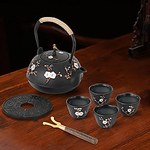 Dyna-Living Cast Iron Teapot Japanese Tea Kettle Set 1200ml/40.6oz Japanese Cast Iron Teapot Set with 4 Tea Cups Japanese Style Tea Pot with Infuser Cast Iron Tea Kettle for Tea Lover