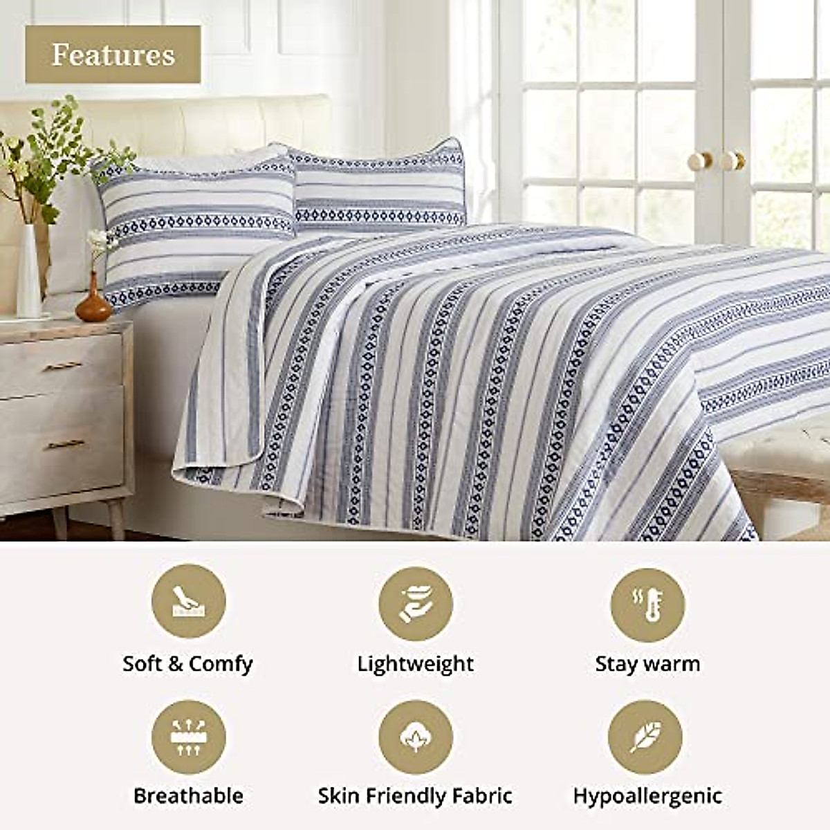 3 Piece Quilt Set with Shams | Soft & Breathable Bed Cover for Spring & Summer | Hypoallergenic All-Season Quilt | Multi Layer Coverlet | Lightweight Bedspread | Boho Stripes | Sydney Collection…
